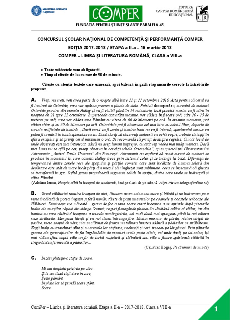 Subiect-Comper-Limba romana-EtapaII-2017-2018-clasaVIII | PDF