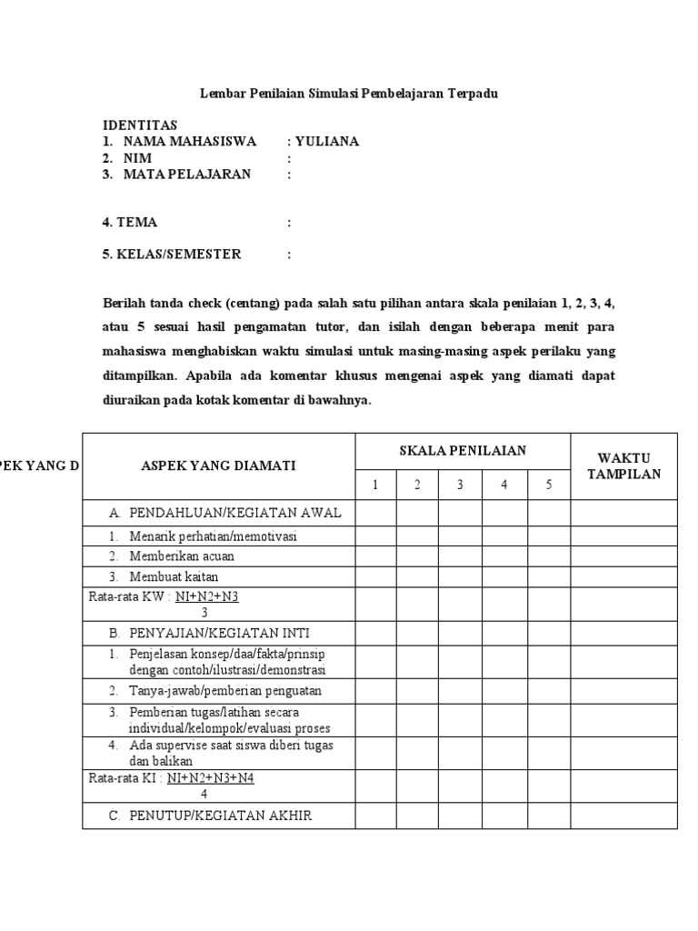 Format Lembar Penilaian Simulasi Pembelajaran Terpadu | PDF