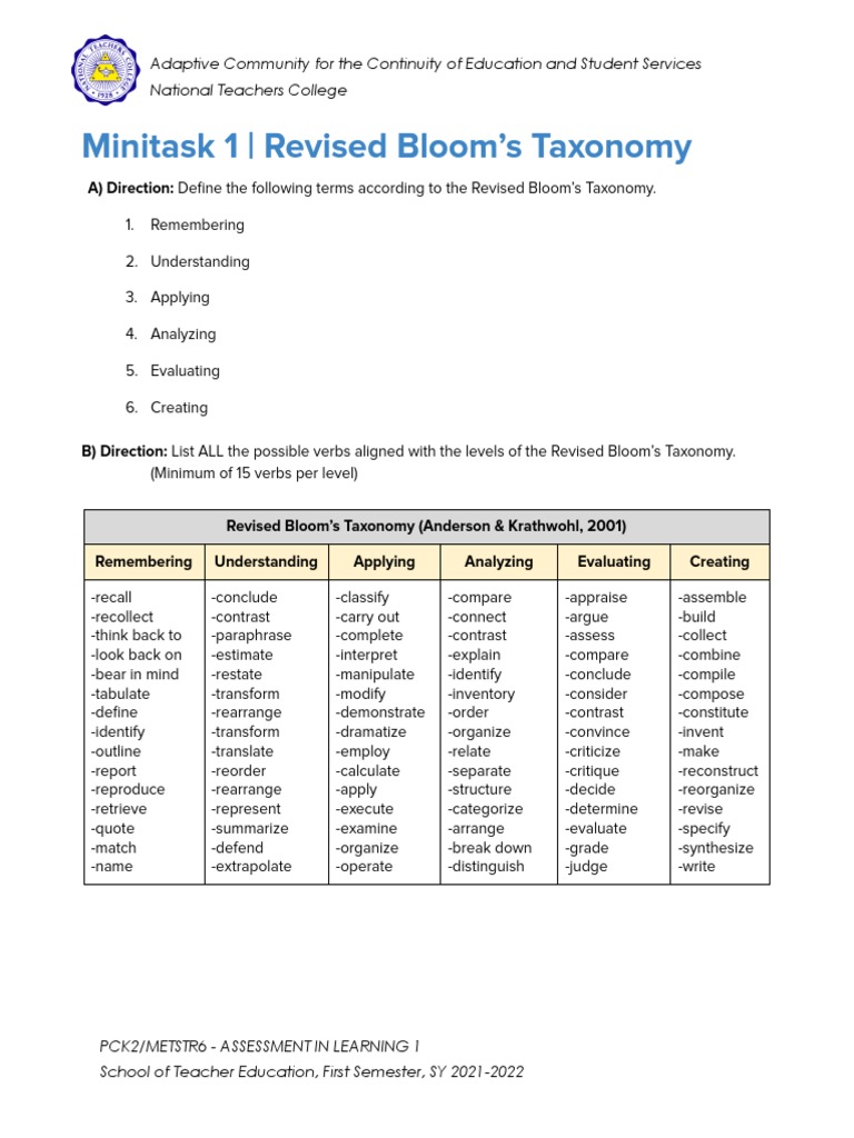 BLOOM'S TAXONOMY VERBS | PDF