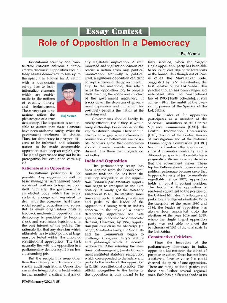 Role of Opposition in Democracy | PDF