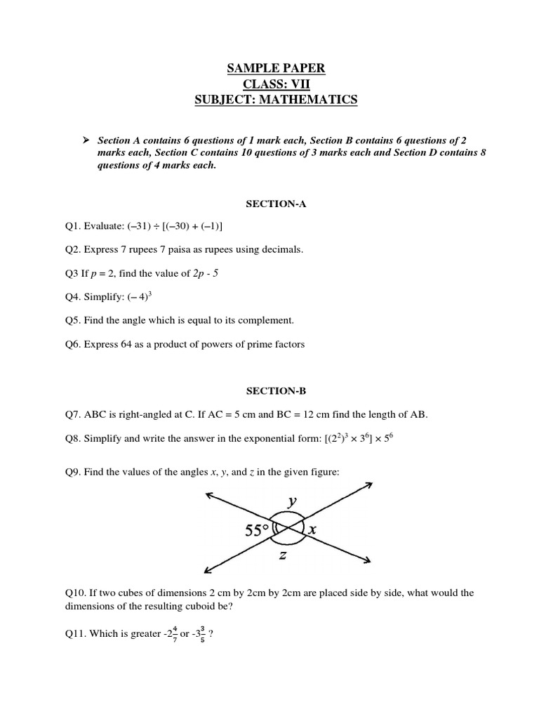 Class 7 Maths Term I Sample Paper | PDF | Geometry | Elementary Mathematics