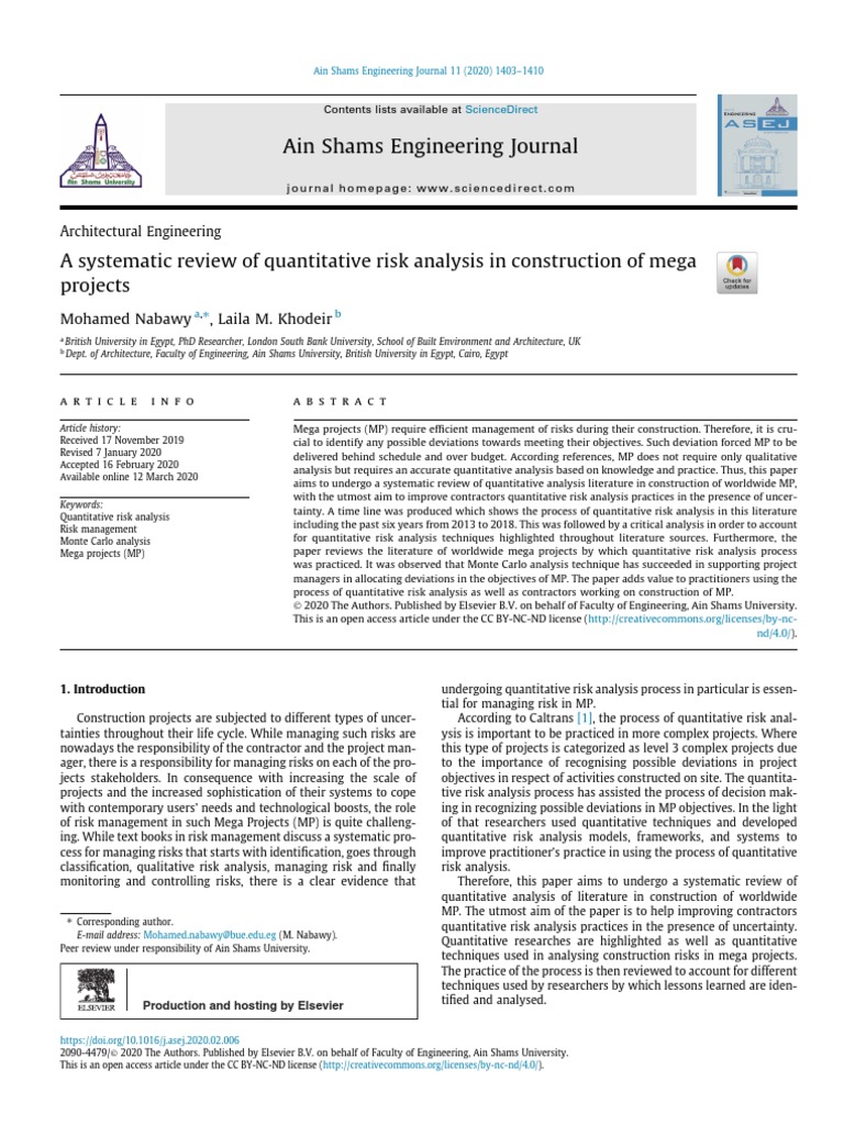 A Systematic Review of Quantitative Risk Analysis in Construction of Mega Projects | PDF