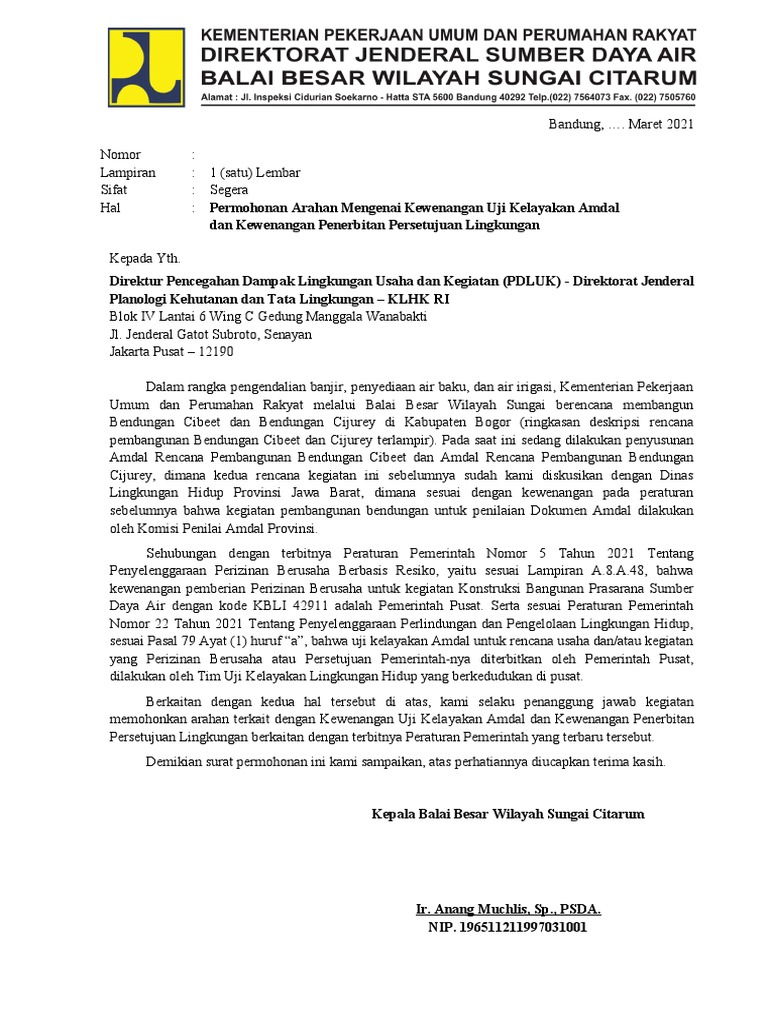 Surat Arahan Permohonan Kewenangan Uji Kelayakan Amdal (Rev 1) | PDF