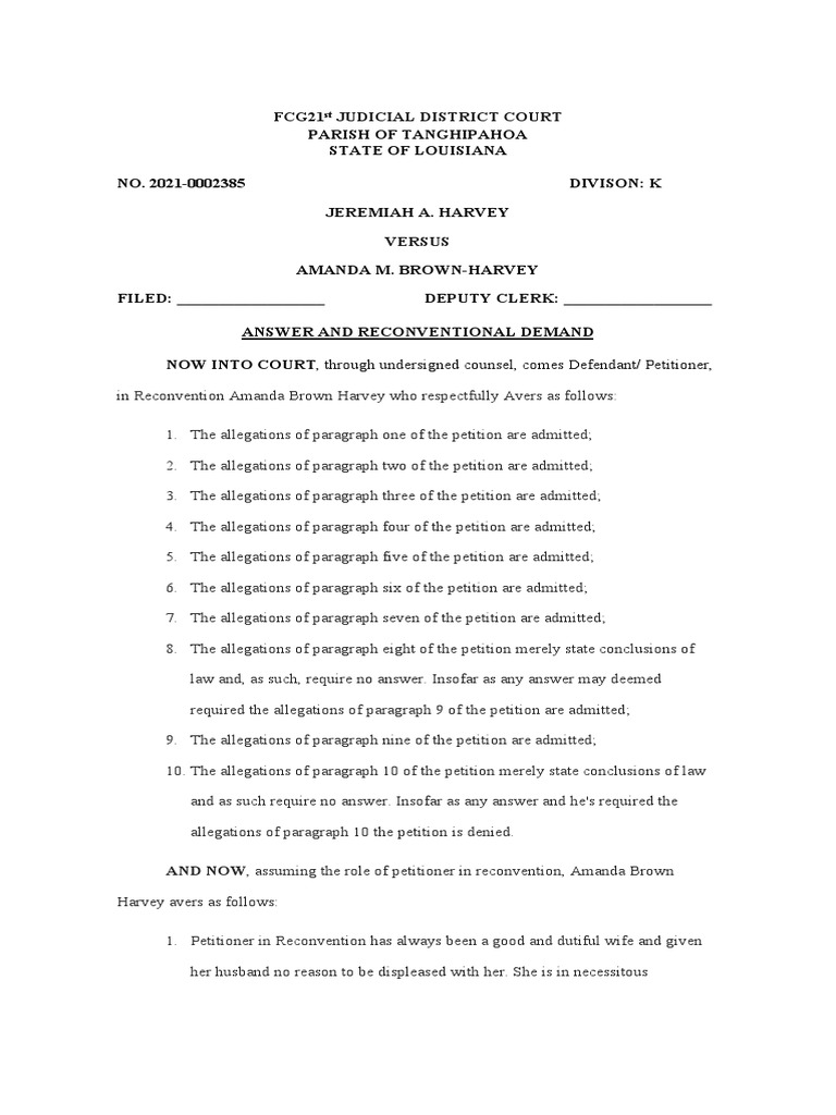 Answer and Reconventional Demand - Brown-Harvey | PDF