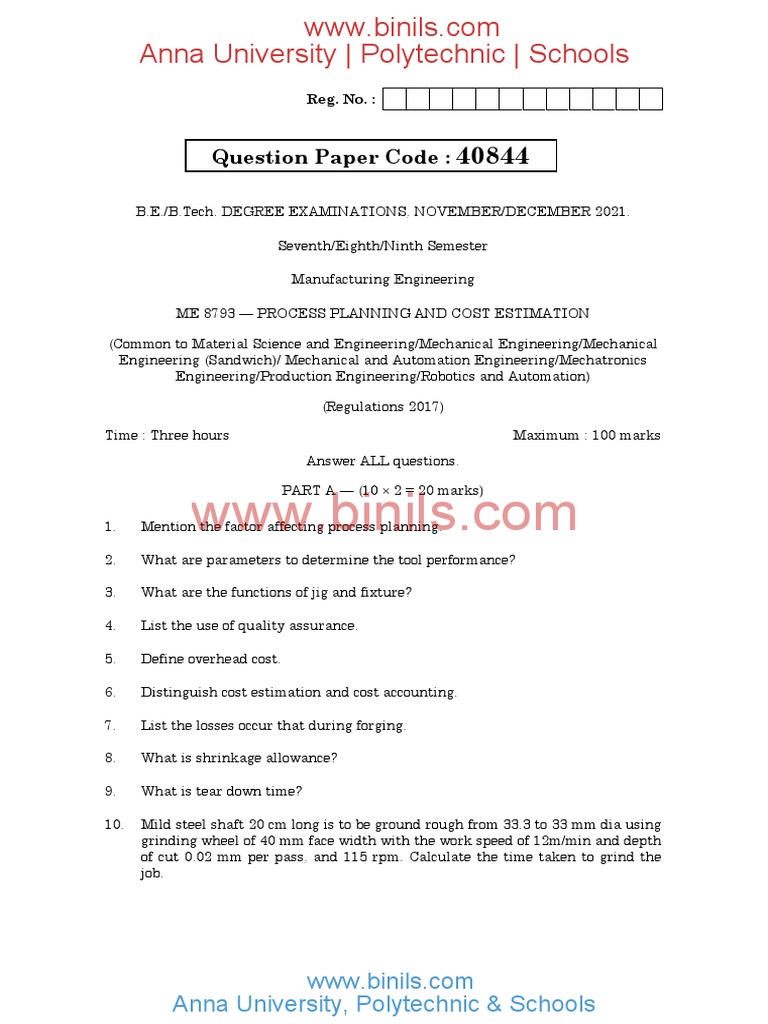 ME 8793 Process Planning Exam Paper | PDF | Welding | Construction