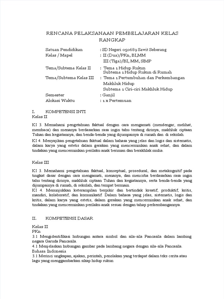 PDF Contoh RPP Kelas Rangkap Model 221 | PDF