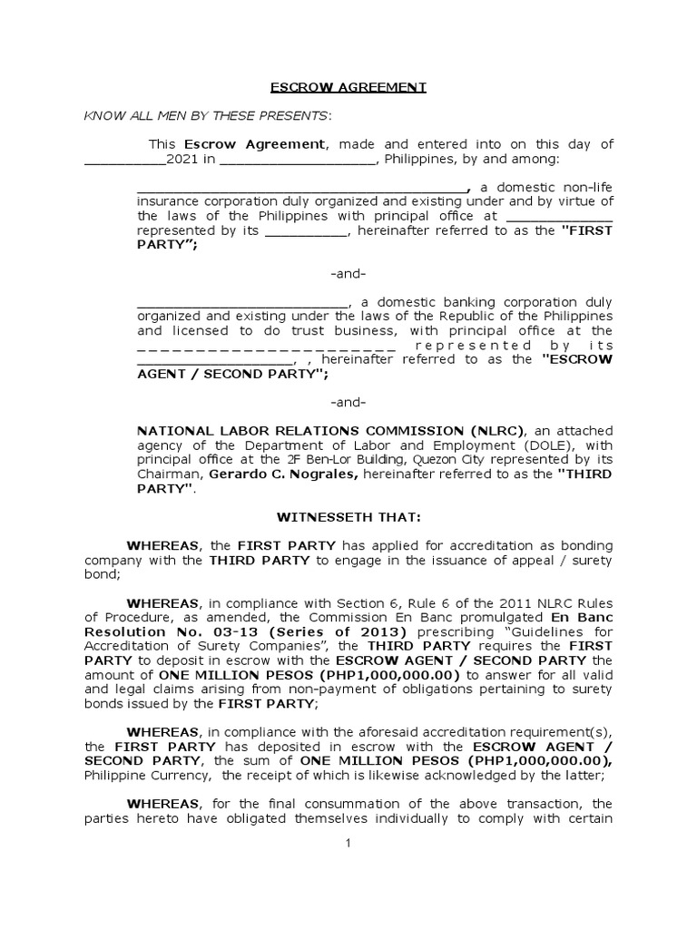 Escrow Agreement | PDF | Surety | Notary Public