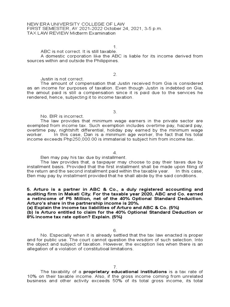 Taxation Law Review - Midterm Examination | PDF | Taxation In The ...
