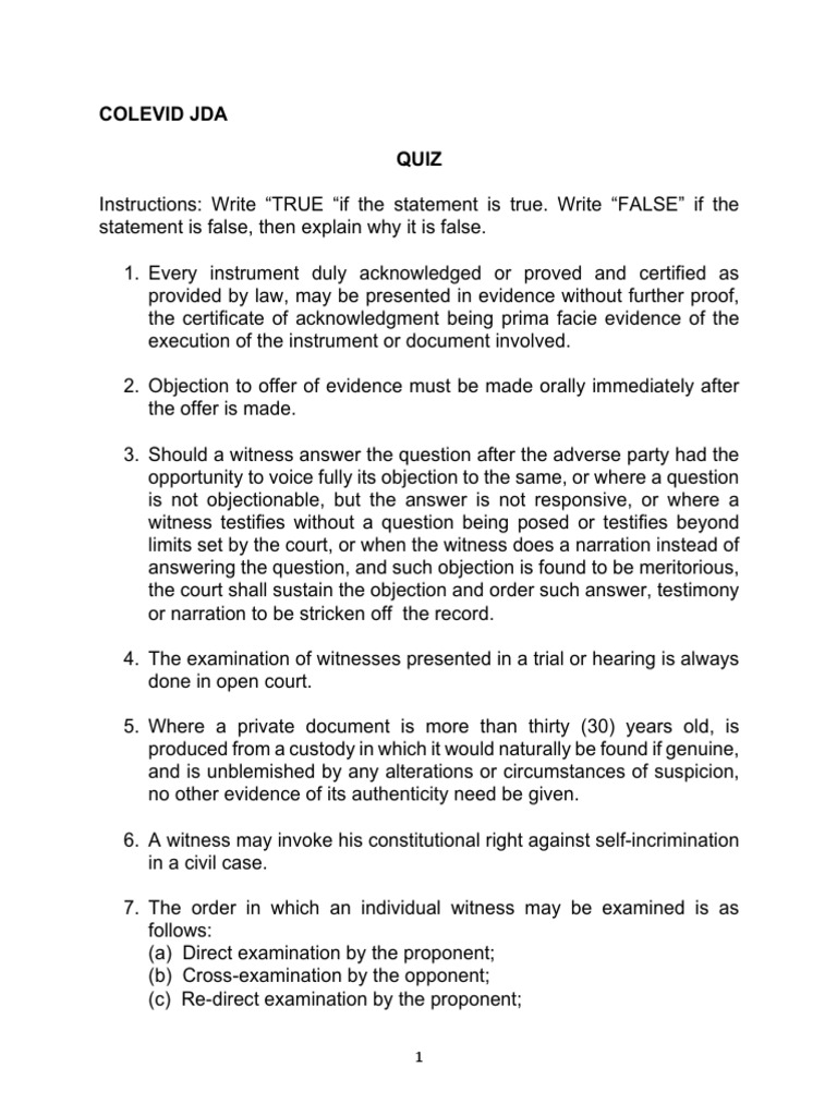 June 21 Quiz | PDF | Witness | Witness Impeachment