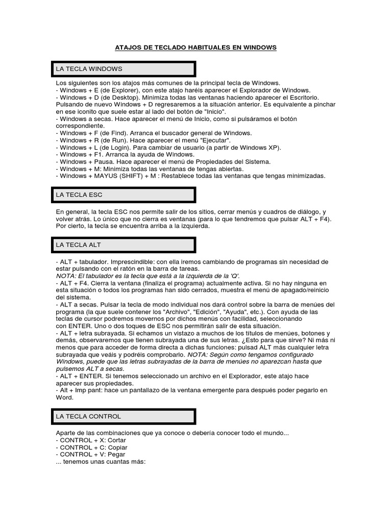 ATAJOS TECLADOS WINDOWS Tema 1 | PDF | Ventana (informática ...