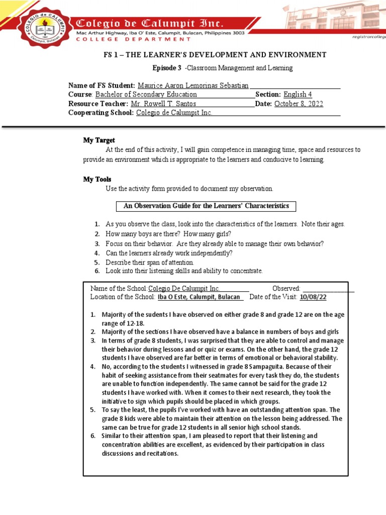 Episode 3 Classroom Management and Learning | PDF | Career & Growth | Wellness