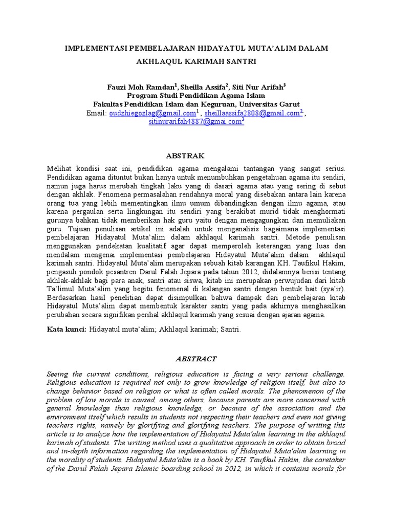 Implementasi Pembelajaran Hidayatul Muta'alim Dalam Akhlaqul Karimah Santri | PDF | Karier ...
