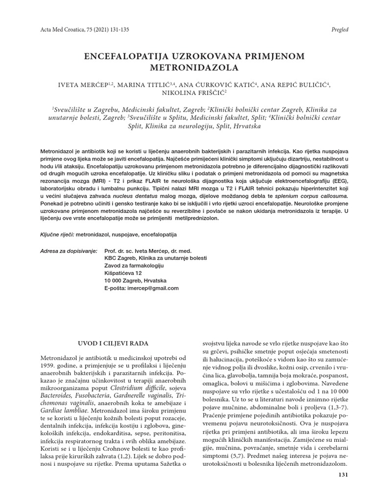 Encefalopatija Uzrokovana Primjenom Metronidazola: Acta Med Croatica, 75 (2021) 131-135 | PDF