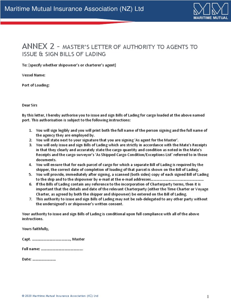 ANNEX 2 - Master S Letter of Authority To Agents To Issue and Sign BLs ...
