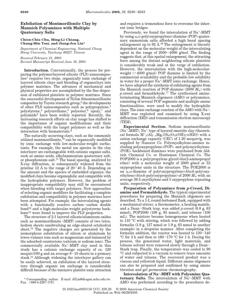 Exfoliation of Montmorillonite Clay by | PDF | Amine | X Ray ...