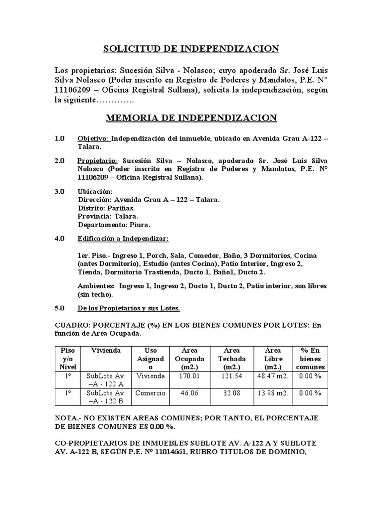 Independización Inmueble Talara | PDF