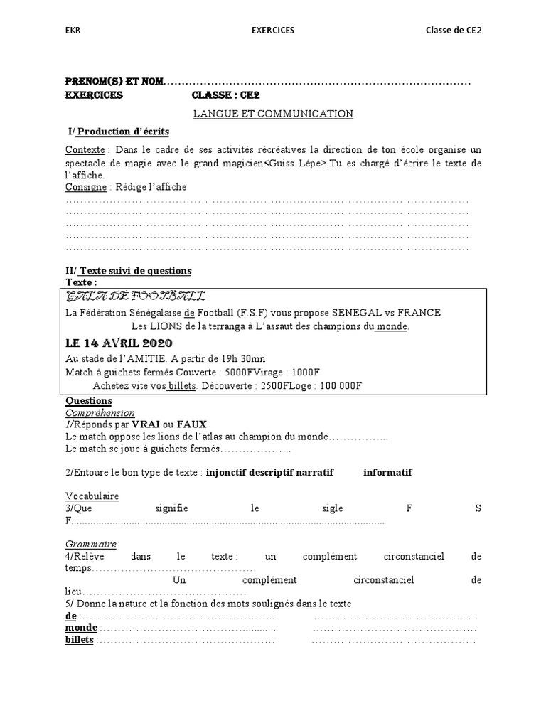 Exercices CE2 : Langue, Maths et Plus | PDF | Linguistique | Grammaire