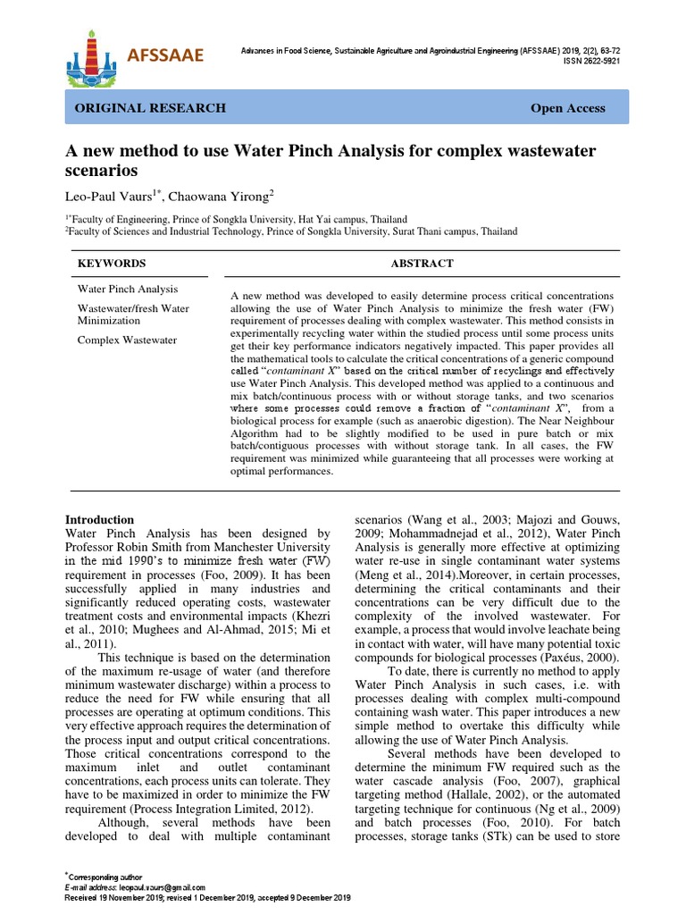 A New Method To Use Water Pinch Analysis For Complex Wastewater Scenarios | PDF