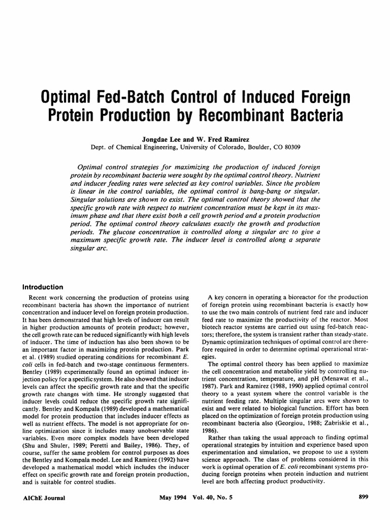 Optimal Fed-Batch Control of Induced Foreign Protein Production by Recombinant Bacteria | PDF