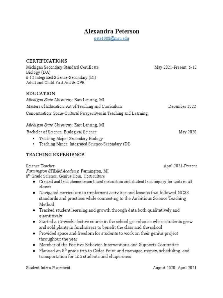 22 Alexandra Peterson Education Resume | PDF | Educational Assessment ...
