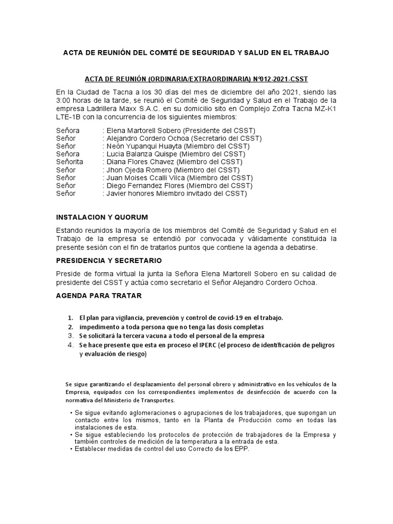 Ejemplo De Acta De Reunion Del Comite De Empresa Ejemplo De Mapa