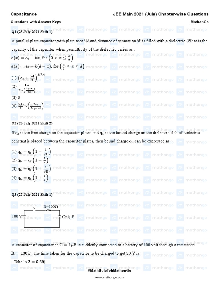 Capacitance - JEE Main 2021 July Chapter-Wise - MathonGo | PDF | Capacitor | Capacitance