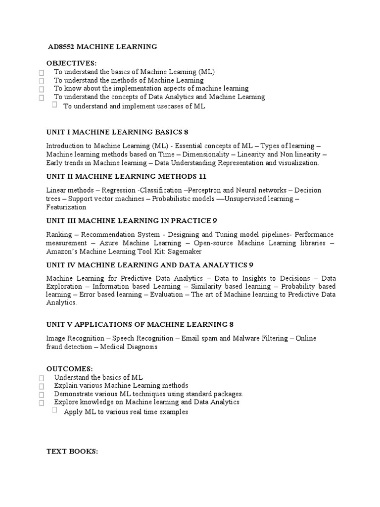 AD8552 UNIT 1 Machine Learning | PDF | Machine Learning | Principal Component Analysis
