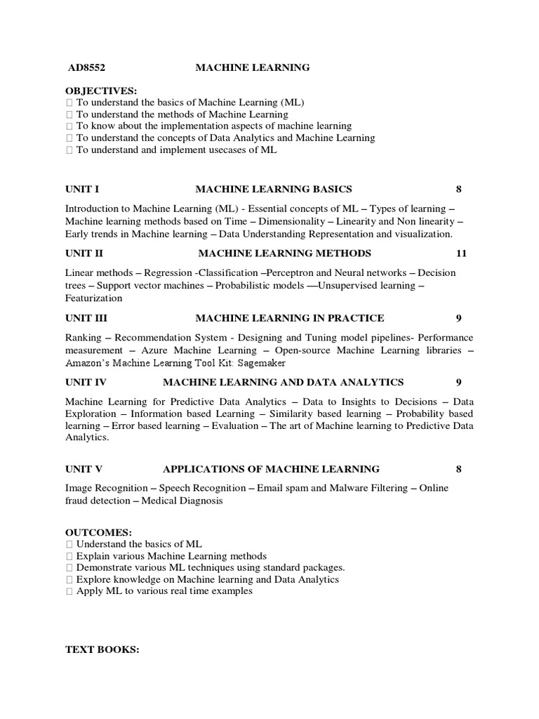 AD8552 UNIT 1 Machine Learning | PDF