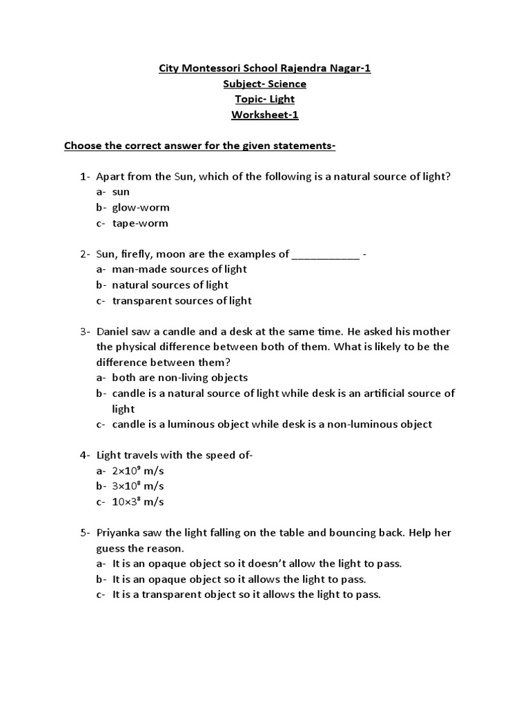 Science Worksheet on Light Concepts | PDF