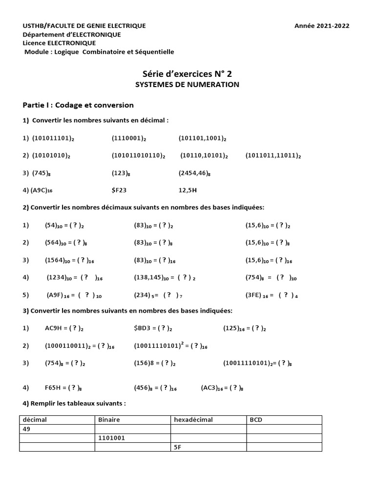 Série D'exercices #2 Systèmes de Numération 2021-2022 | PDF