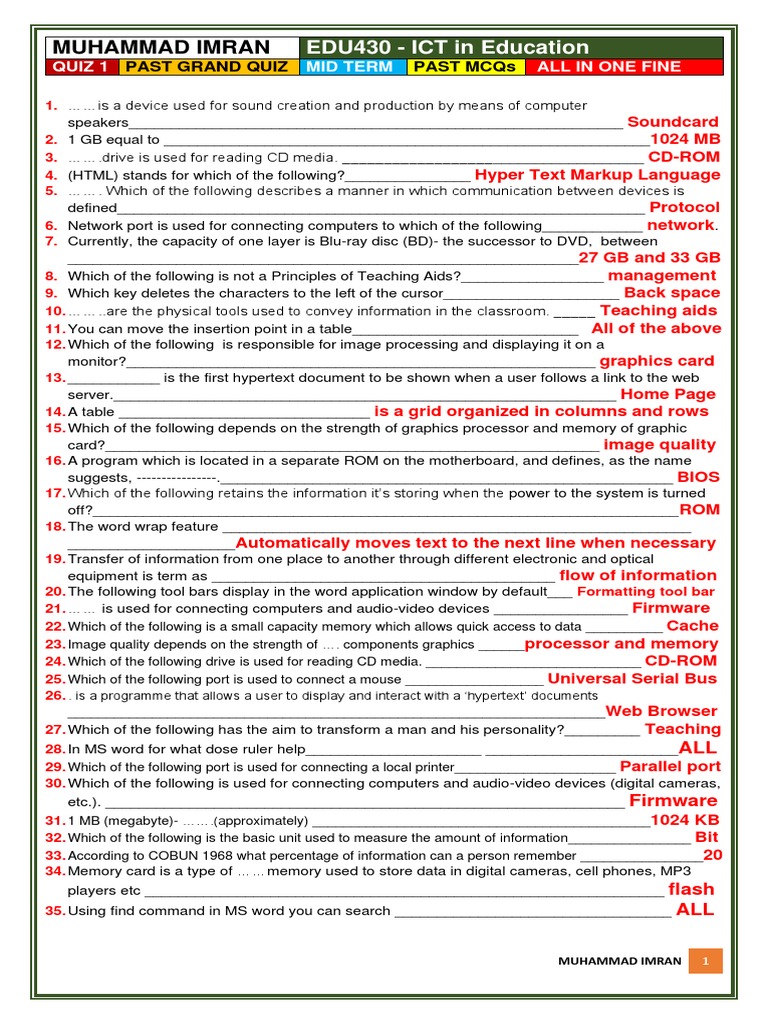 EDU430 - ICT in Education (Quiz 1) (Mid Term) (Past Grand Quiz) (ALL IN ONE FILE) | PDF