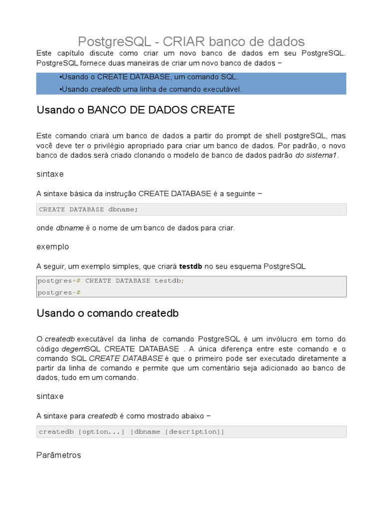 PostgreSQL - CRIAR Banco de Dados | PDF