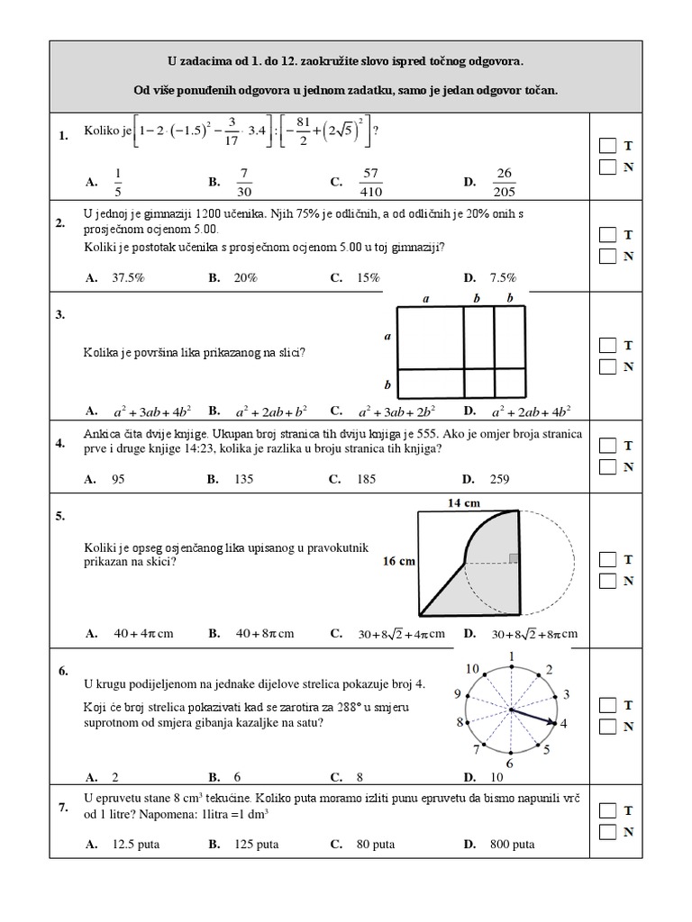 Primjer Provjere Posebnih Znanja Iz Matematike 6 | PDF