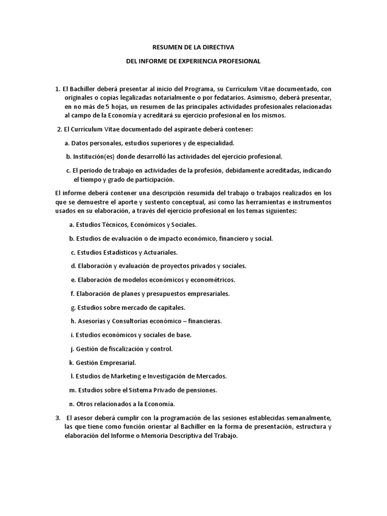 RESUMEN DE LA DIRECTIVA DEL INFORME DE EXPERIENCIA PROFESIONAL TITULACIÓN 22-IIdocx | PDF