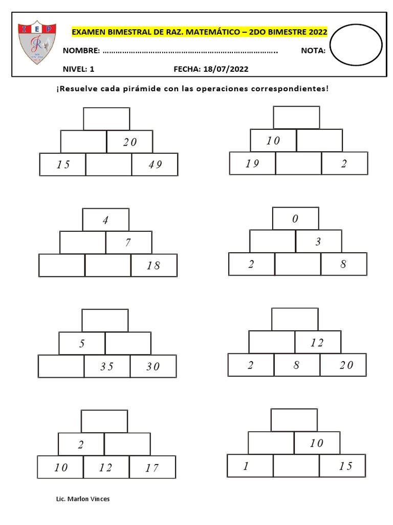 EXAMEN BIMESTRAL DE RM - 2do Bim 2022 (Nivel 1) | PDF