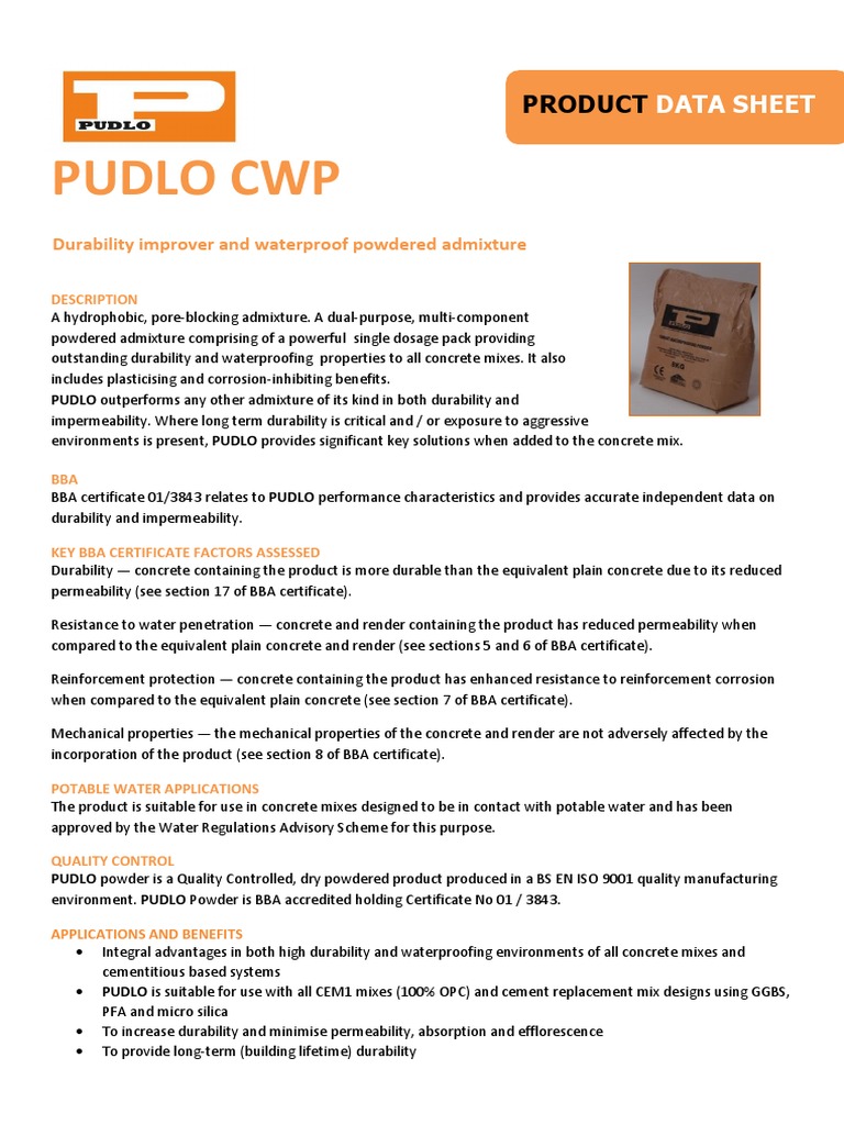 PUDLO Waterproofing Powder Guide | PDF | Concrete | Cement