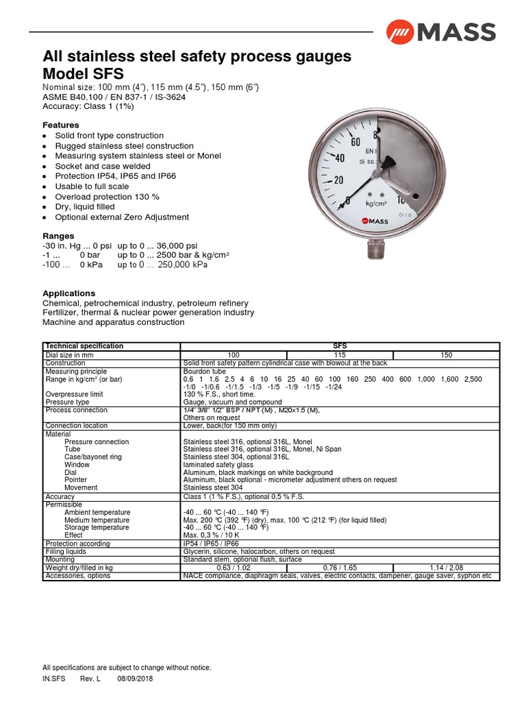 SFS Solid Front Process Pressure Gauge | PDF | Pressure Measurement | Materials