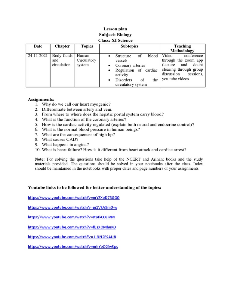Lesson Plan - Body Fluids and Circulation - Day 6 | PDF