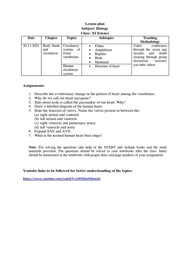 Lesson Plan - Body Fluids and Circulation - Day 4 | PDF | Science ...
