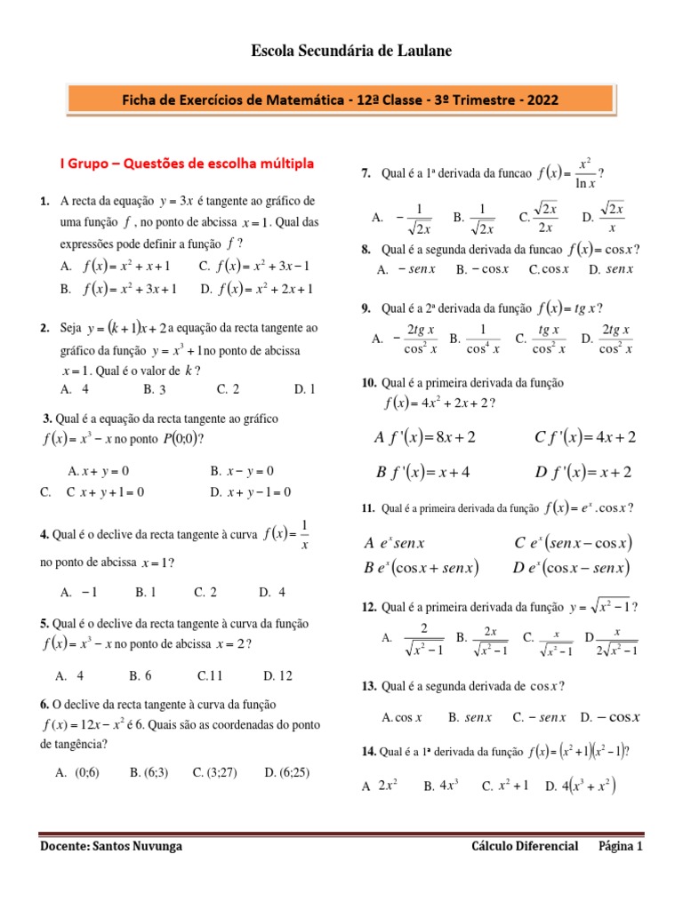 Ficha de Exercicios - Derivadas - 2022 | PDF