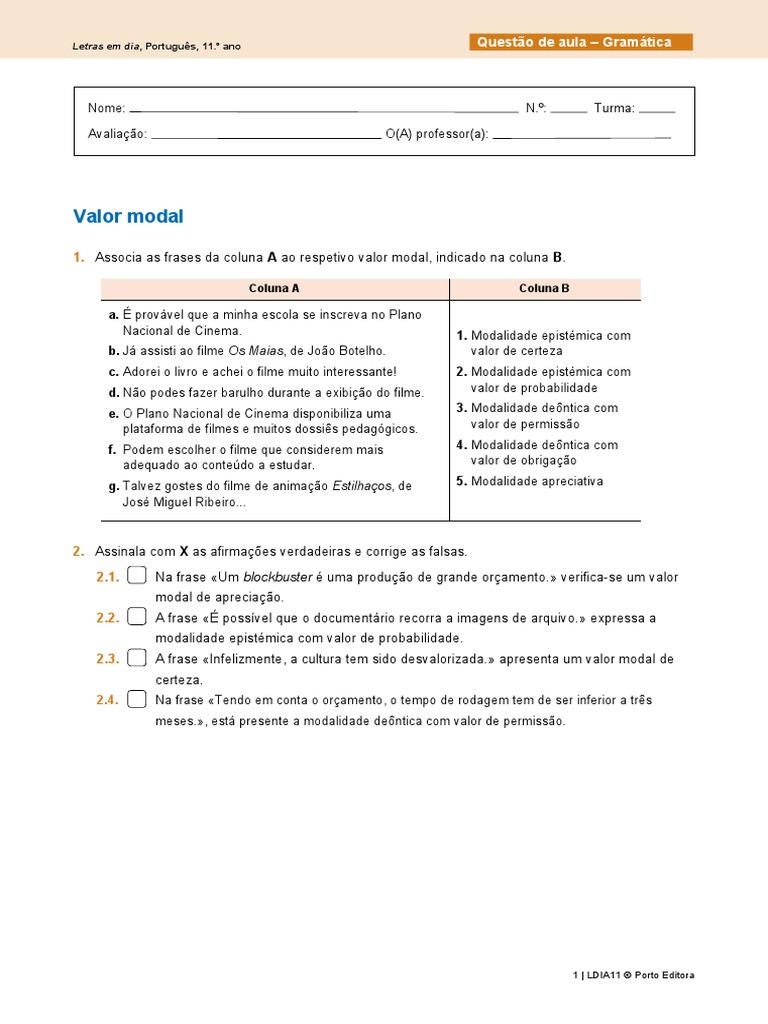 Ldia11 Questao Aula Gramatica Valor Modal | PDF