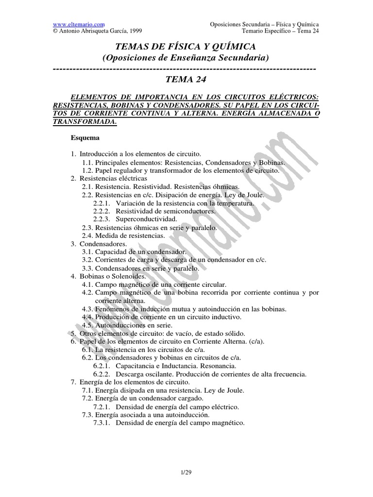 Tema 24 | PDF | Resistencia Eléctrica y Conductancia | Inductor