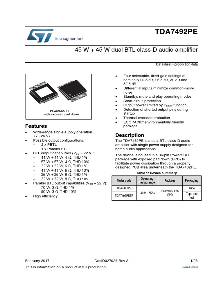 tda7492pe | PDF | Power Supply | Amplifier