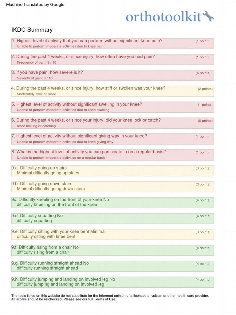 OrthoToolKit IKDC Score Report | PDF | Knee | Health Care