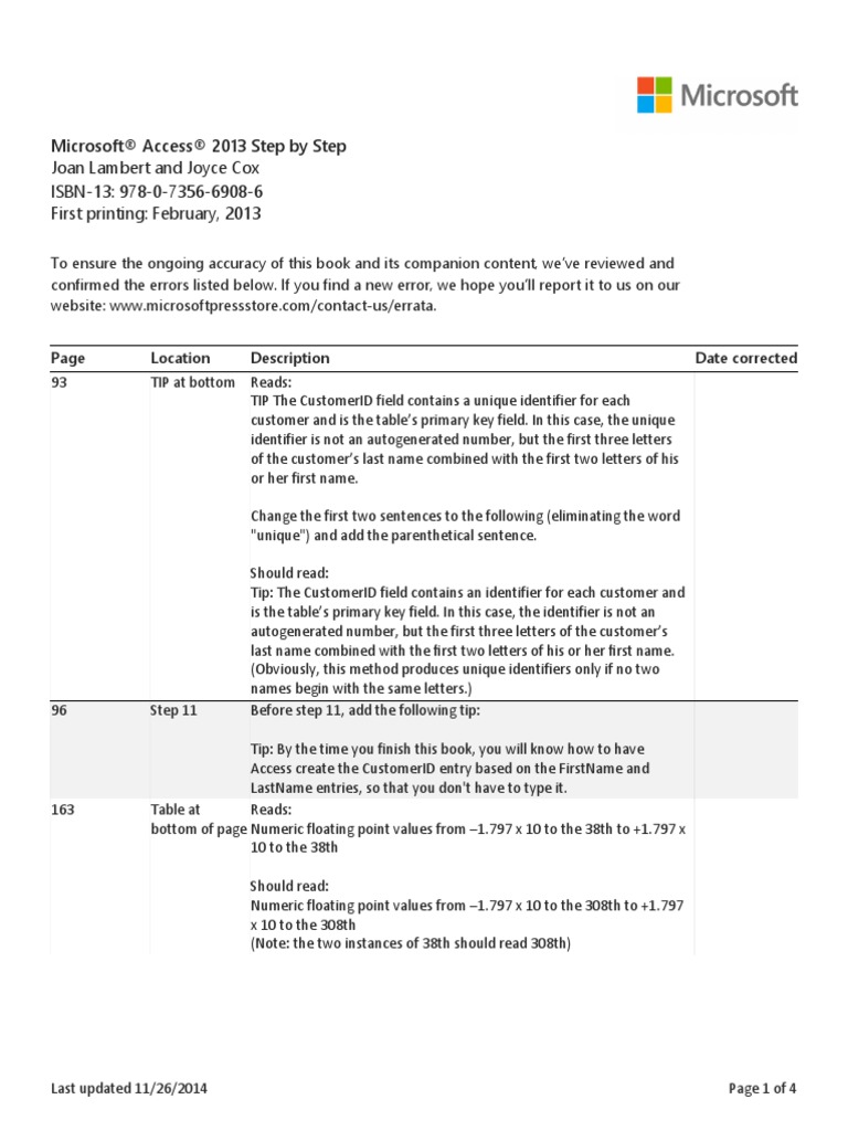 Microsoft Access 2013 Step by Step Errata | PDF | Databases | Computer Science