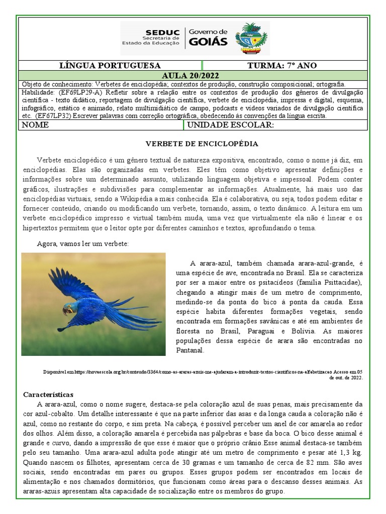 Aula 20 - 7º LP - Verbete de Enciclopédia. Ortografia | PDF