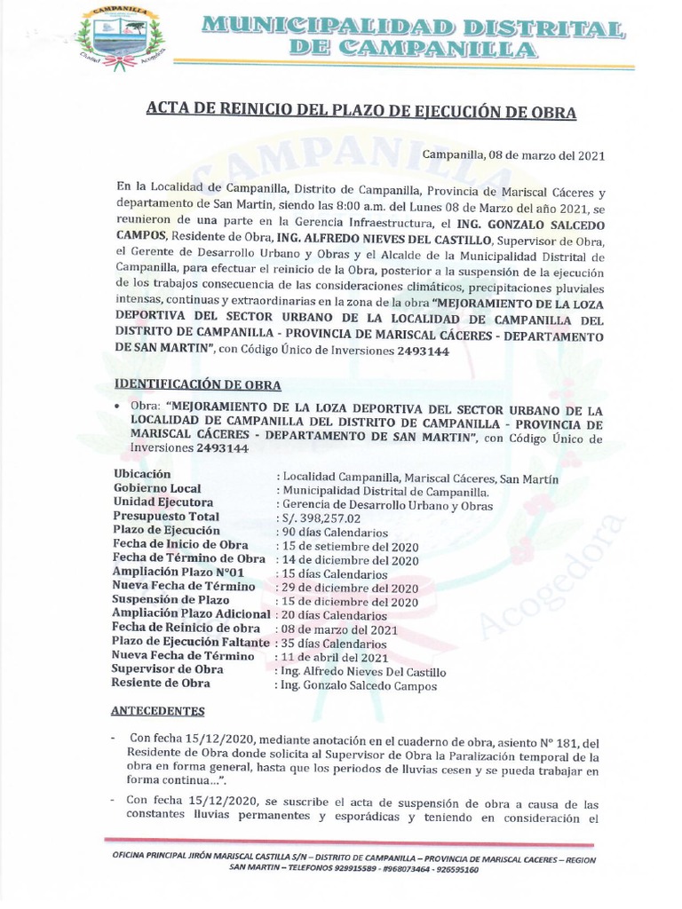 Acta de Reinicio de Obra | PDF