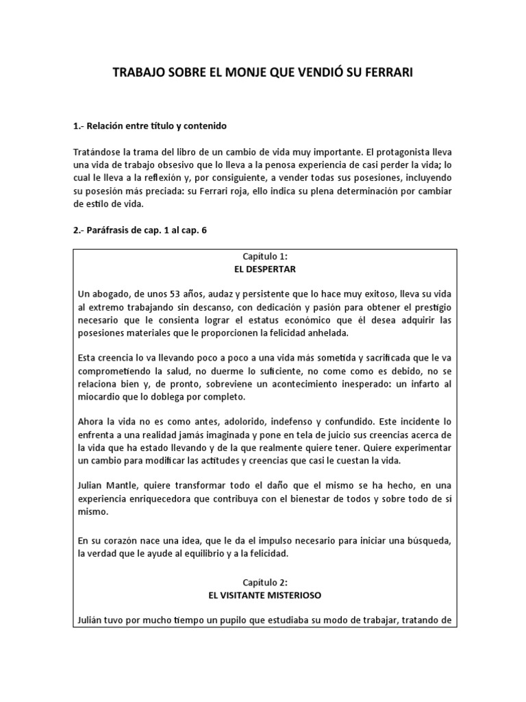 Trabajo Sobre El Monje Que Vendió Su Ferrari | PDF | Experiencia ...