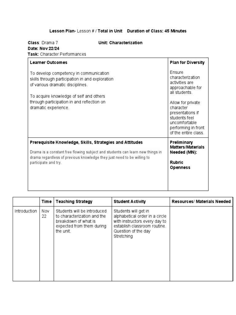 Drama 7 Week 12 Lesson Plan | PDF