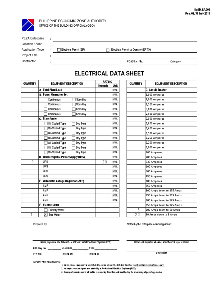 Electrical Data Sheet for Permits | PDF | Power Supply | Electrical ...